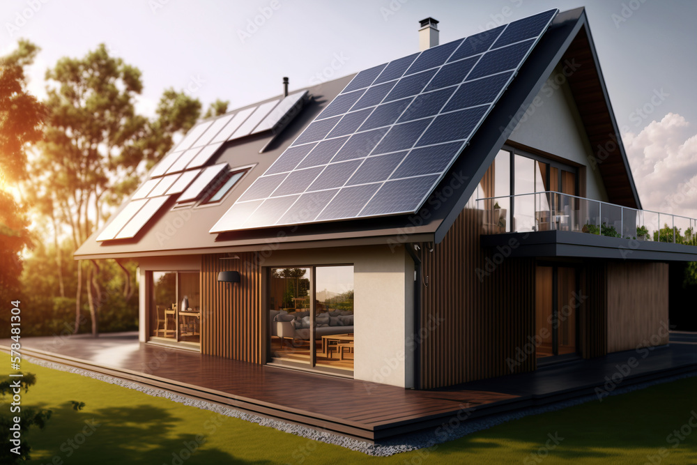 House is equipped with a solar panels photovoltaic system. Concept of ...