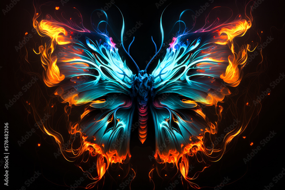 Colorful butterfly in fire on black background, Stock Illustration ...
