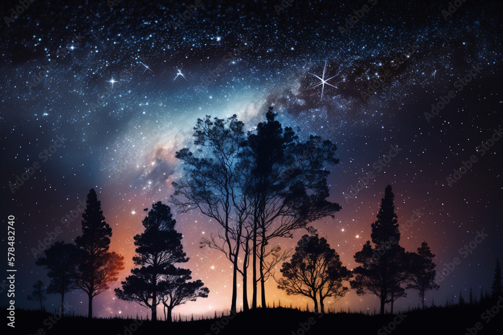 Landscape showing trees against magical and starry night sky full of ...