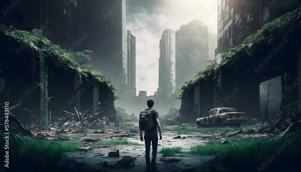 Zombie apocalypse, 20 years later with one person. Generative AI Stock ...