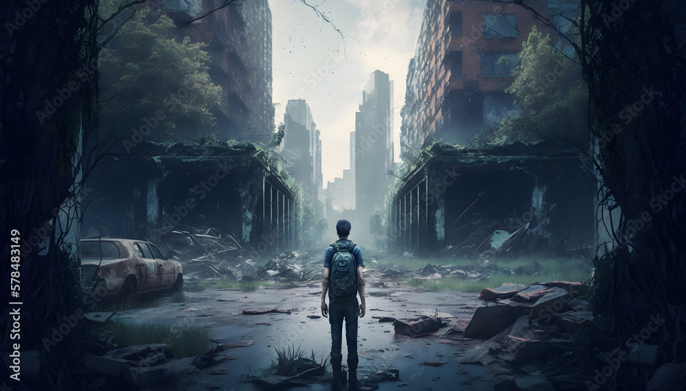 Zombie apocalypse, 20 years later with one person. Generative AI Stock ...