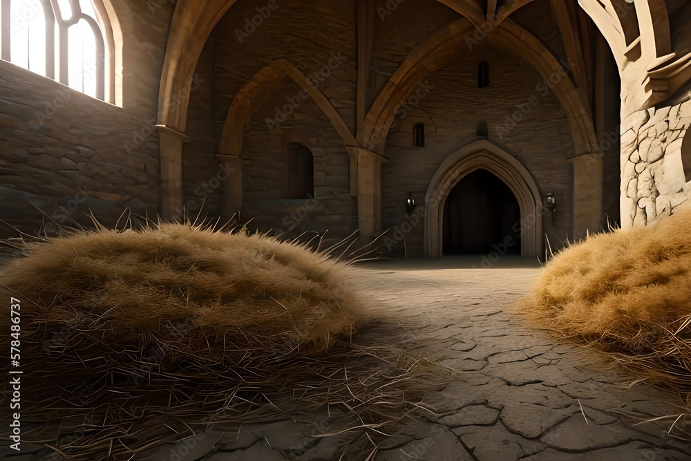 Medieval Easter Concept In A Castle Or Monastery, With Eggs, Dry Grass ...