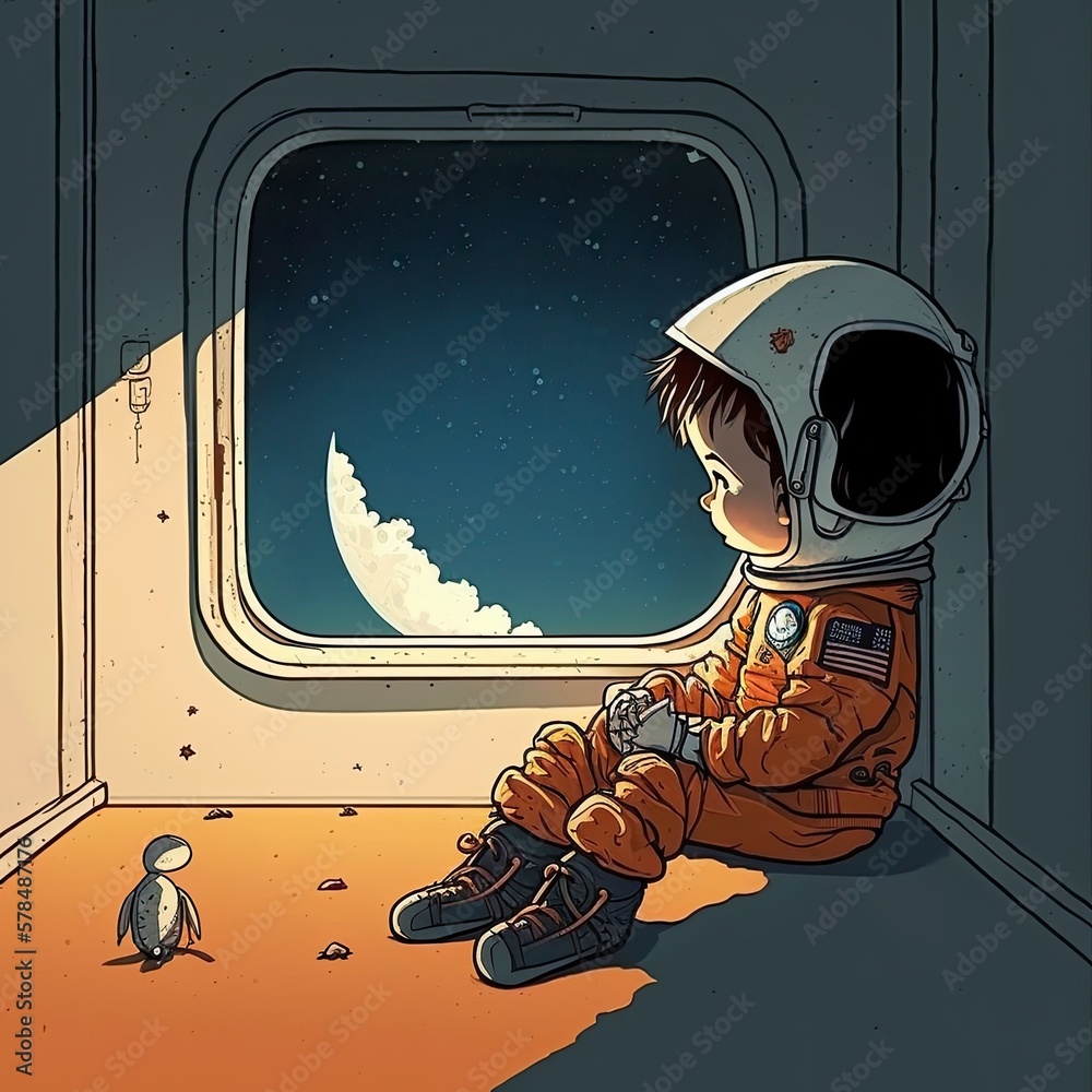 Little astronaut sitting in the window of an airplane. Cartoon ...