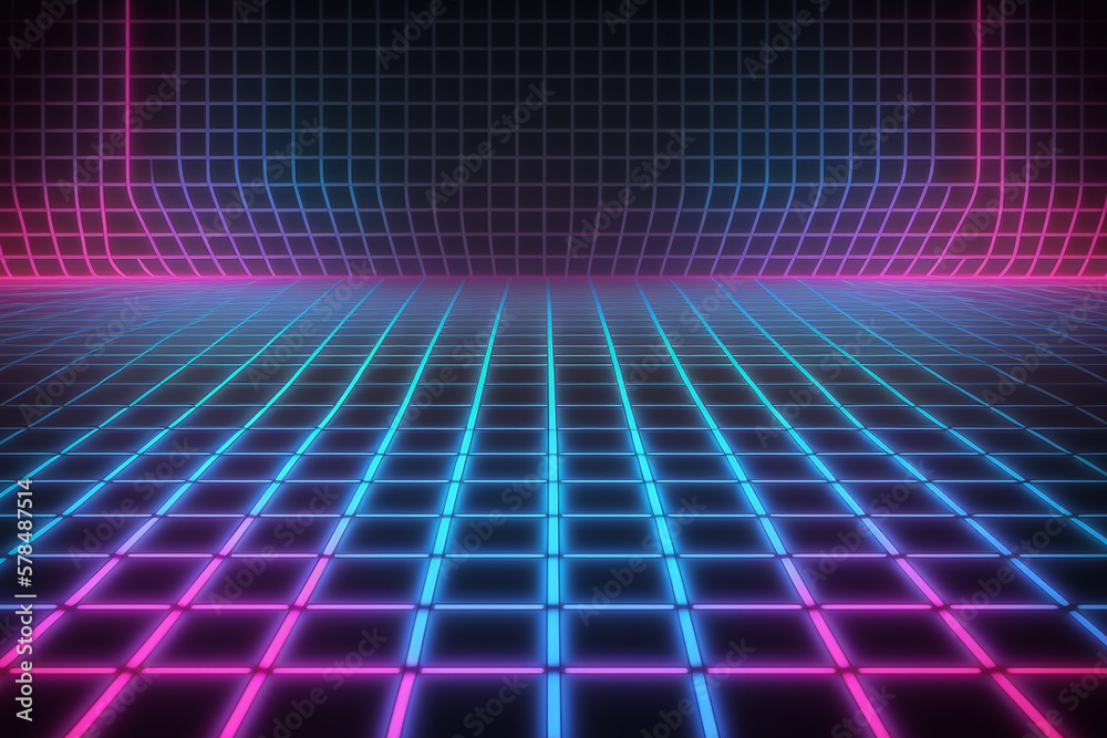 3d retro colorful neon grid background banner or header, lines and ...