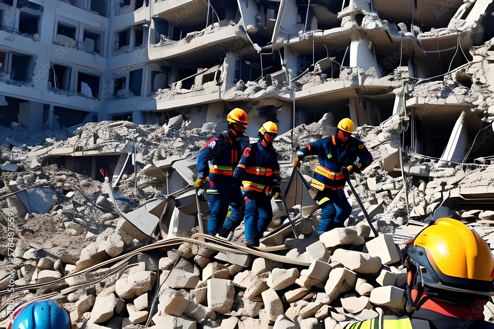 Rescuers In Uniform And Helmets Dismantle The Rubble Of Houses After ...