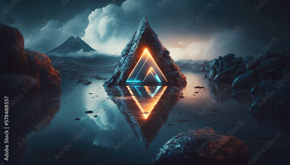 3d render, abstract futuristic background. Neon crest sign, triangle ...