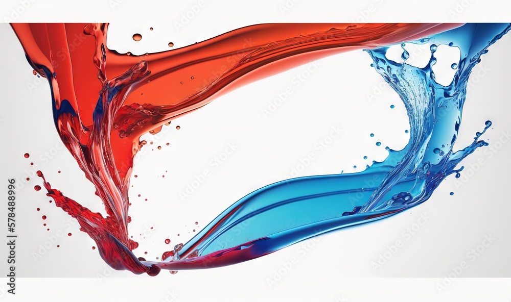 a red and blue liquid splashing out of a white background with a white ...