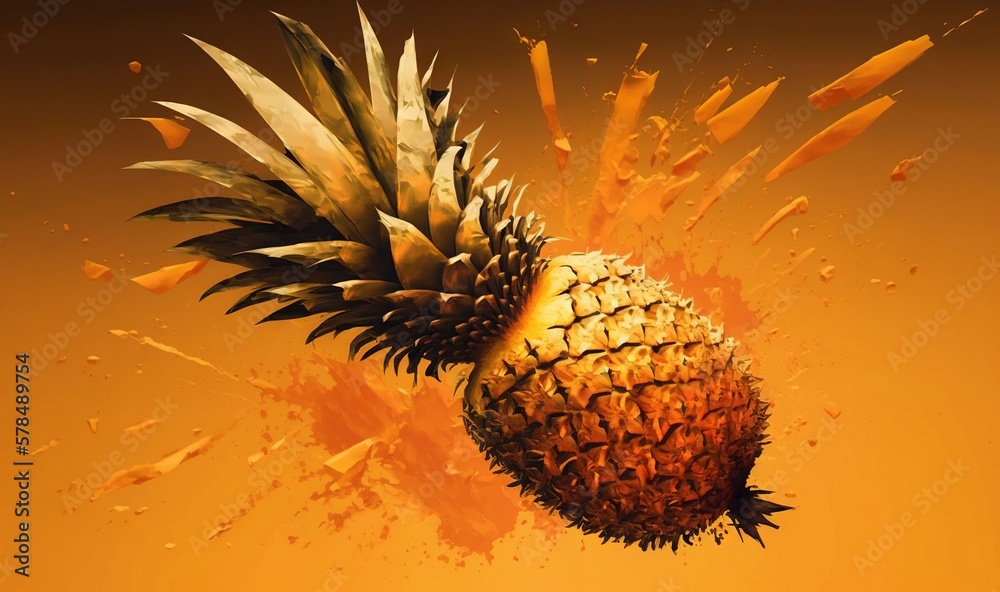 a pineapple is exploding into pieces on a yellow and orange background ...