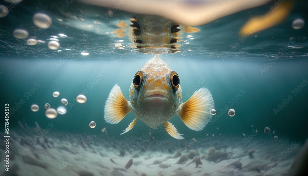 Sad scared little fish in group of others. Concept AI generative ...