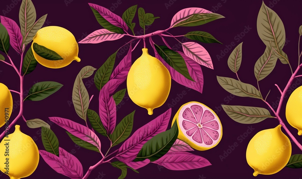 a group of lemons and leaves on a purple background with a purple ...