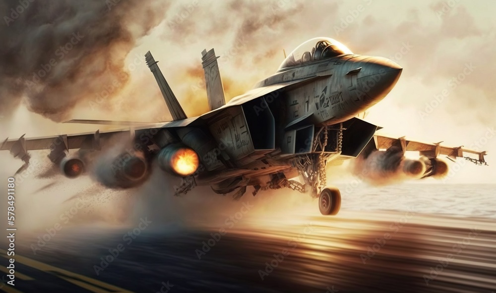 a fighter jet taking off from an aircraft carrier on a runway ...