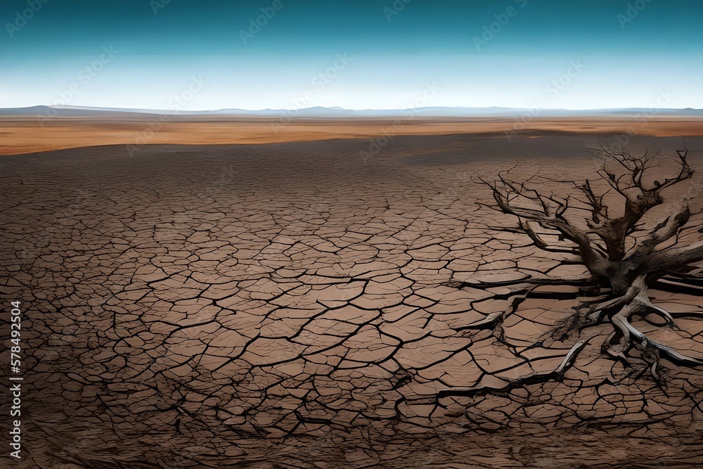 Barren Landscape Fith Crached Dried Soil, Abandoned Farm And Dead Tree ...