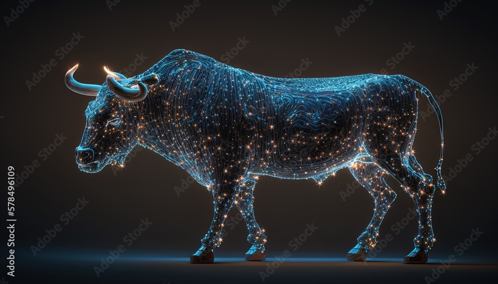 Data particle sculpture of a bull as a concept of bullish / optimistic ...