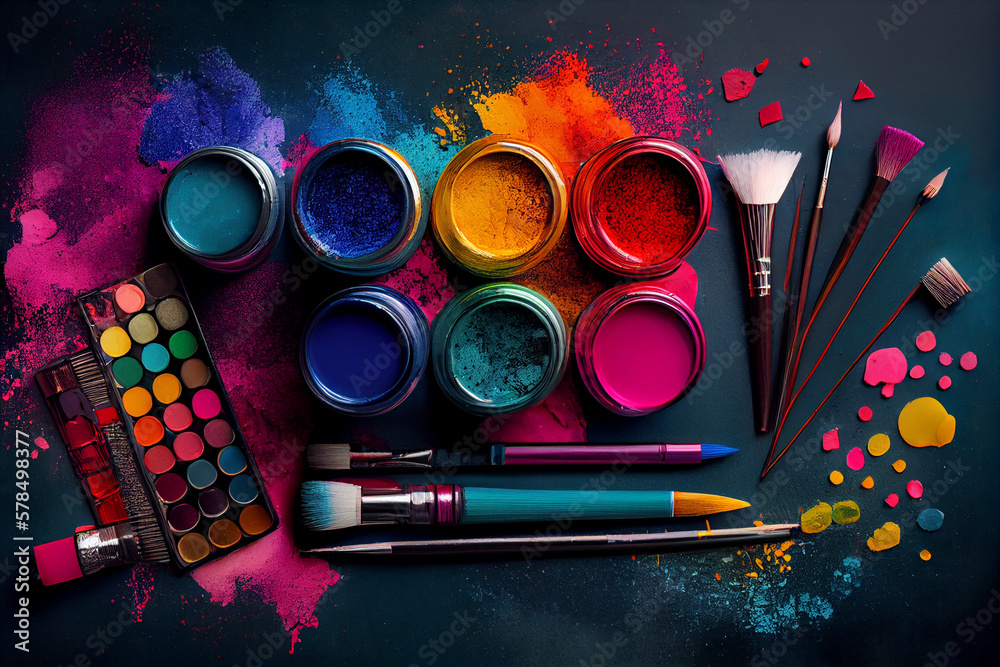 Artist painter tools and color palette. Top down flat lay background ...