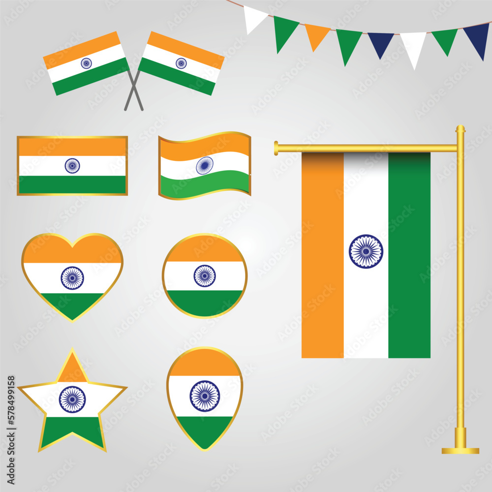 Vector collection of India flag emblems and icons in different shapes ...