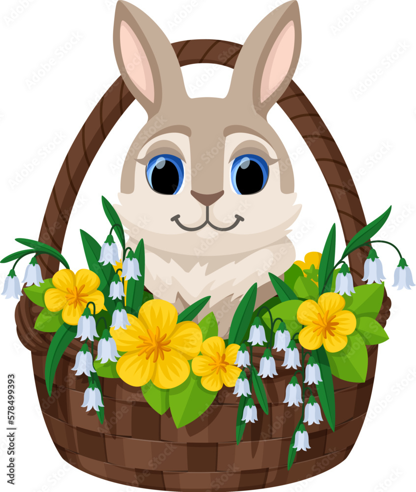 Cute Easter Bunny sitting in basket with yellow flowers and lilies of ...