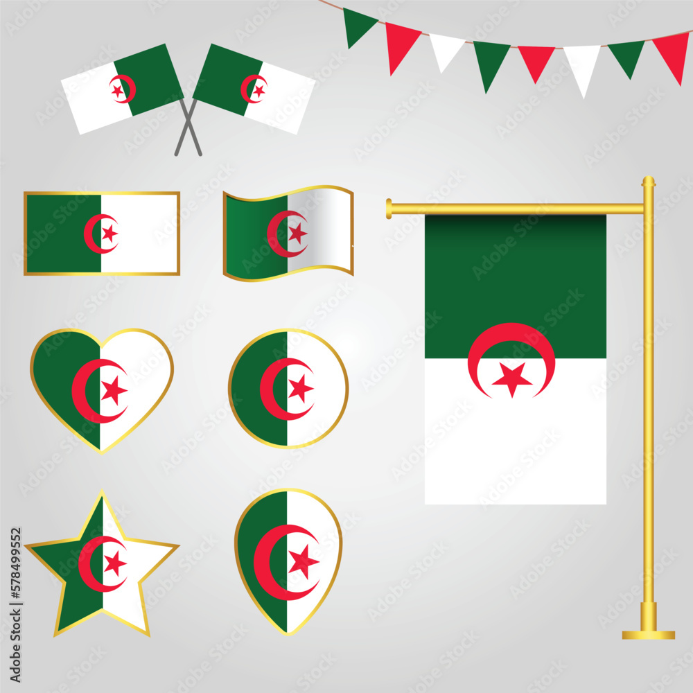 Vector collection of Algeria flag emblems and icons in different shapes ...