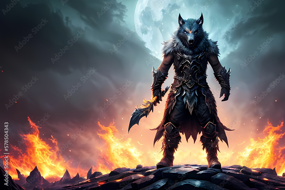 Wolf Evil werewolf , Splash art wearing armor , animal night . Generative ai Stock Illustration ...