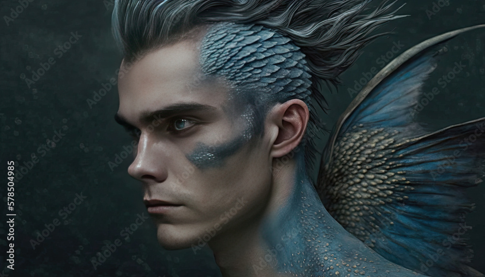 half man half fish, man with fish scales and dorsal fin Stock ...