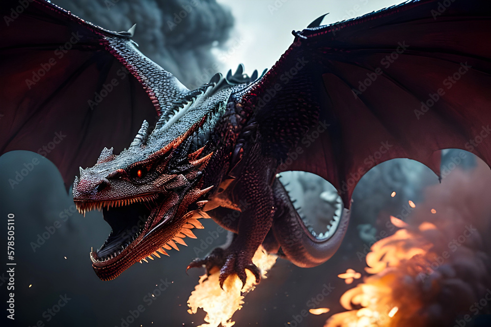 Dragon and flames, realistic prehistoric monster, scary . Generative AI ...