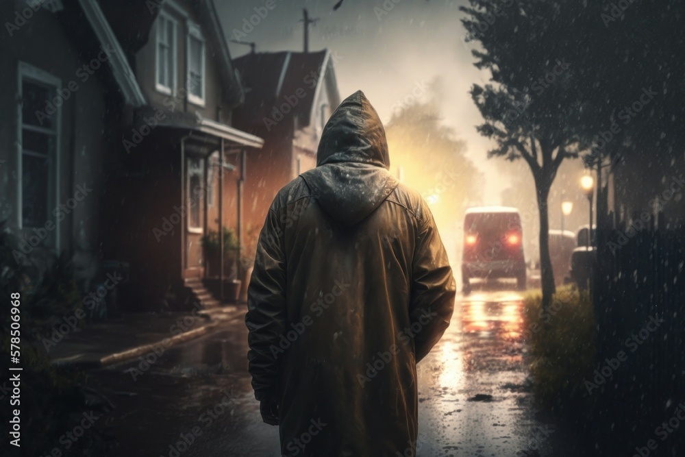 Back view man walking at rain, selective focus. AI generated, human ...