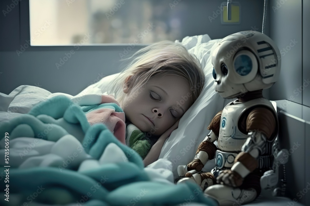 Future of hospital care with robots.Cute kind Robot communicates with a ...