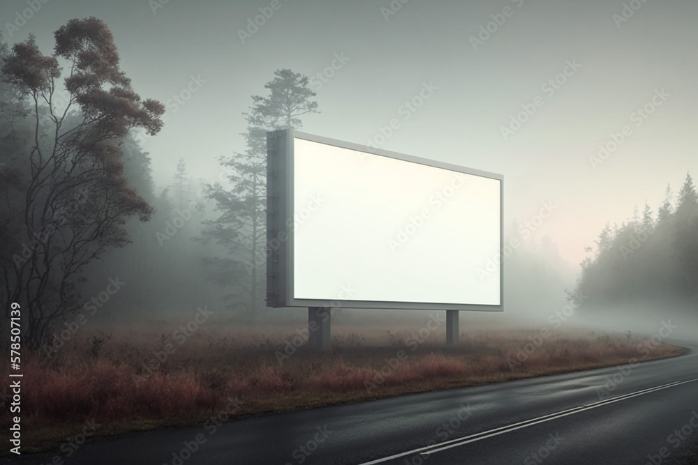 Billboard mockup at the highway in forest, sunrise setting with fog and ...