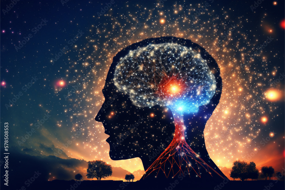 Virtual reality man with symbol neurons in brain. Creative idea and ...