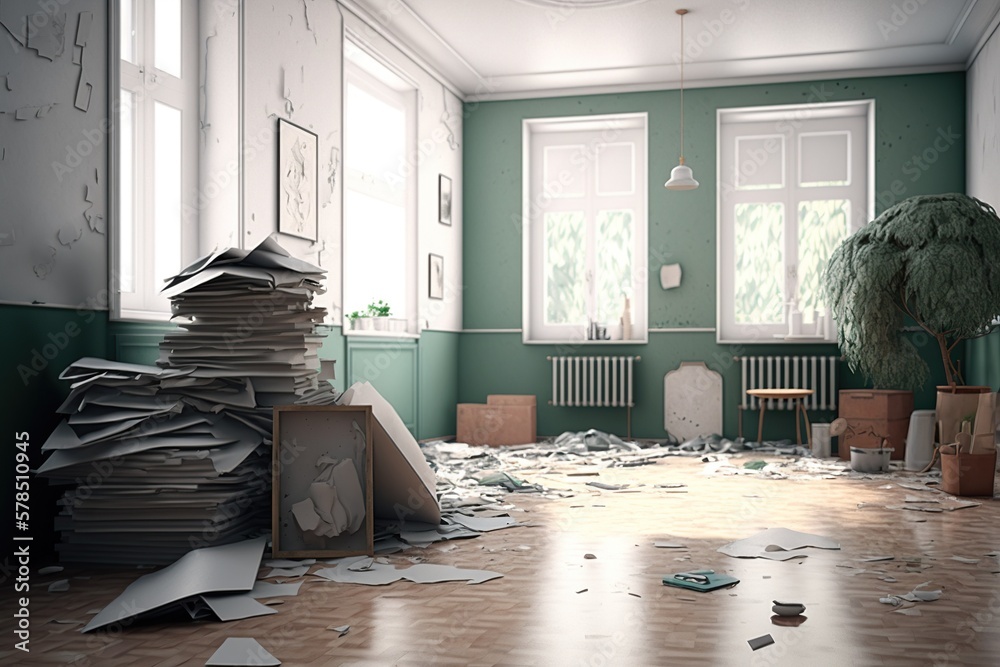 Shabby apartment with a lot of rubbish , concept of Cluttered and ...