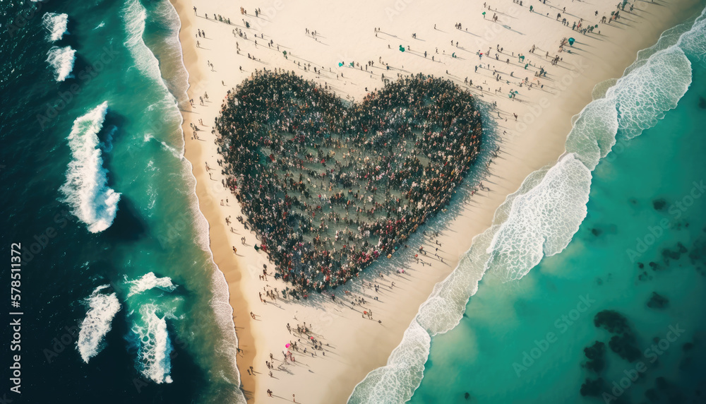 Huge crowd of people forming a heart on the beach created with ...