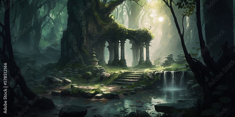 mystical and atmospheric forest glade with rays of sunlight filtering ...