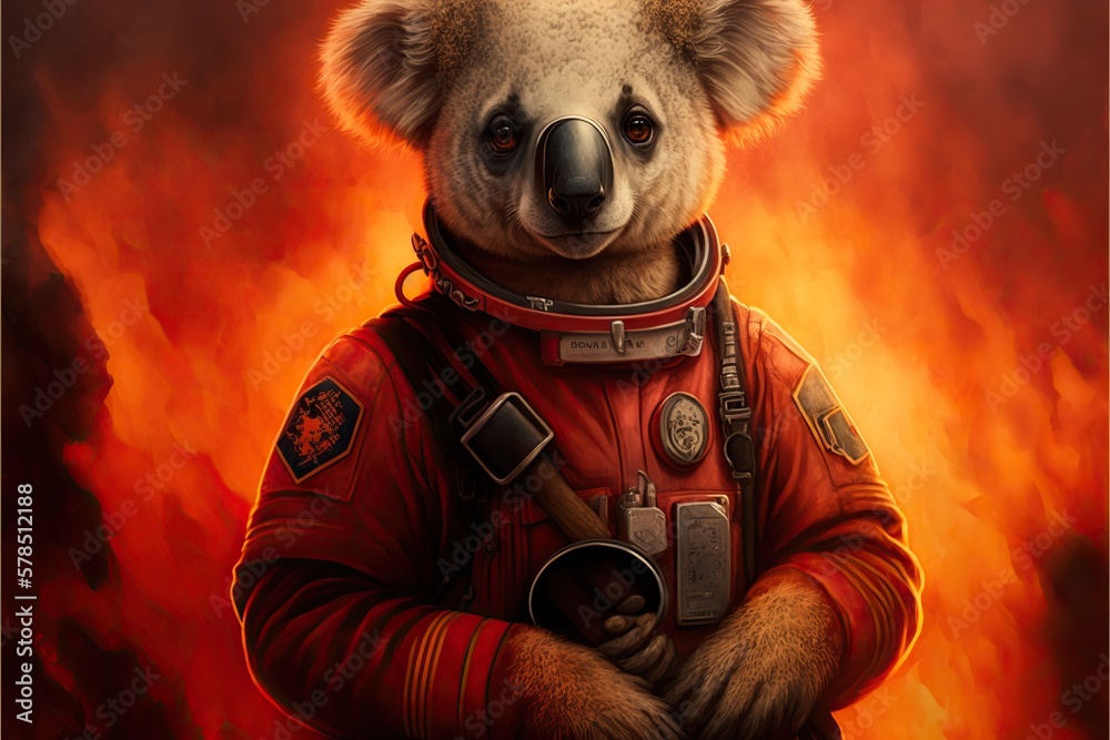 heroic koala dressed as a firefighter on a red background, created with ...