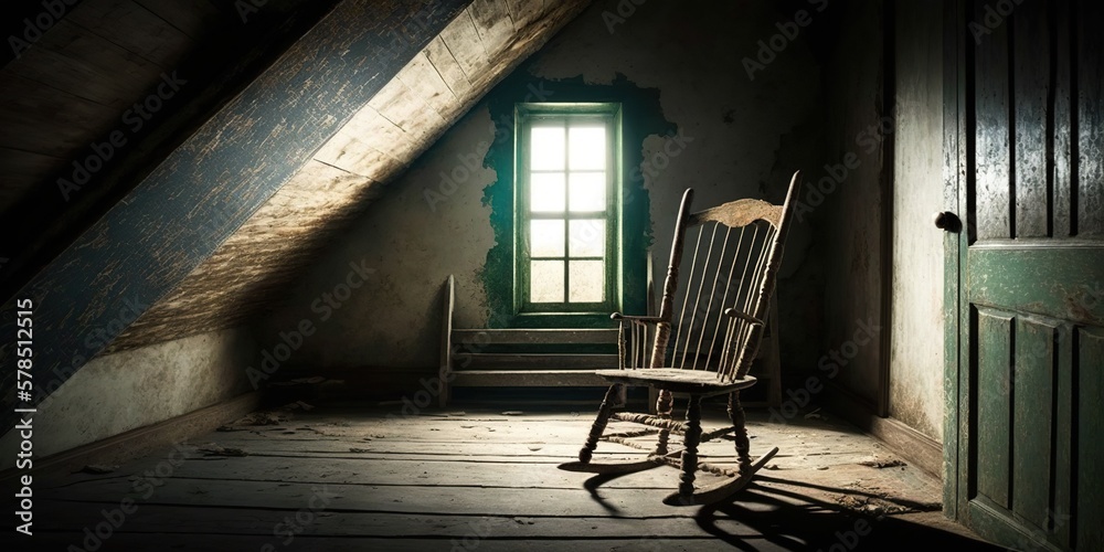 empty rocking chair on its own in an old attic, concept of Haunted and ...