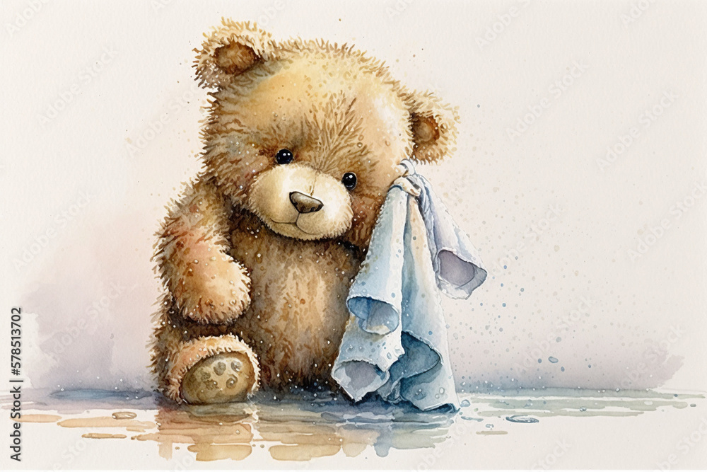 Teddy bear washing face watercolour, concept of Cuddly Toy and Bath ...