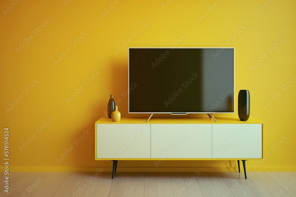 Tv on cabinet in modern living room on yellow wall, concept of ...