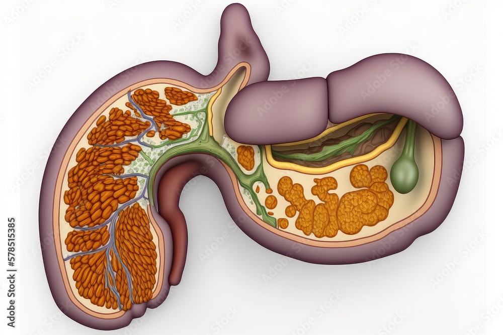 Anatomically accurate illustration of human pancreas with gallbladder ...