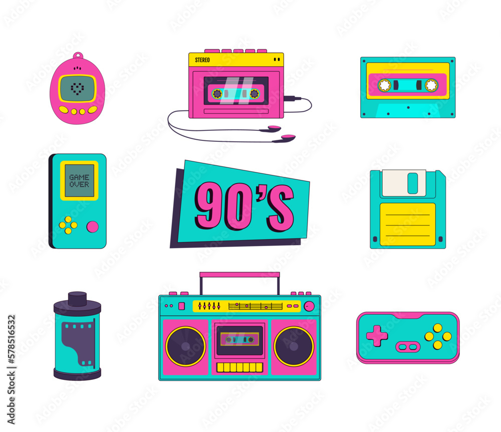 Set of retro devices in memphis style. Tape recorder, cassette, floppy ...