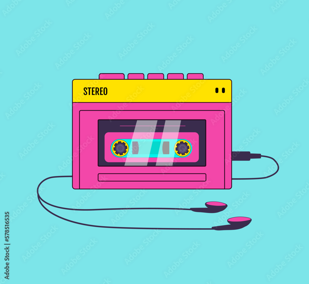 Retro audio player in memphis style. Tape recorder, cassette vector ...