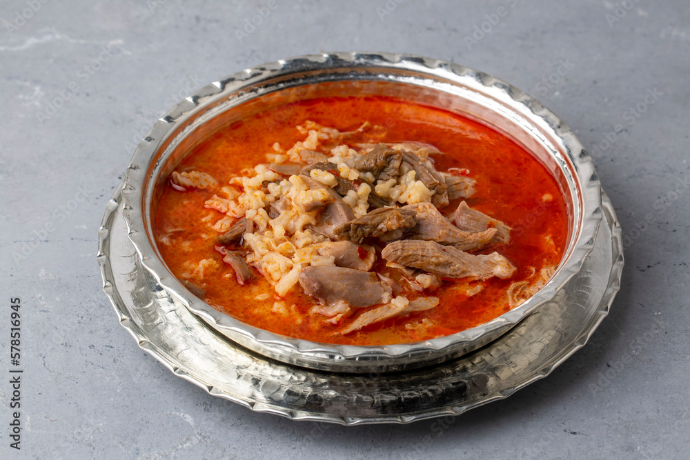 Turkish Soup Beyran with Lamb Meat, Rice, Chopped Garlic and Vinegar ...
