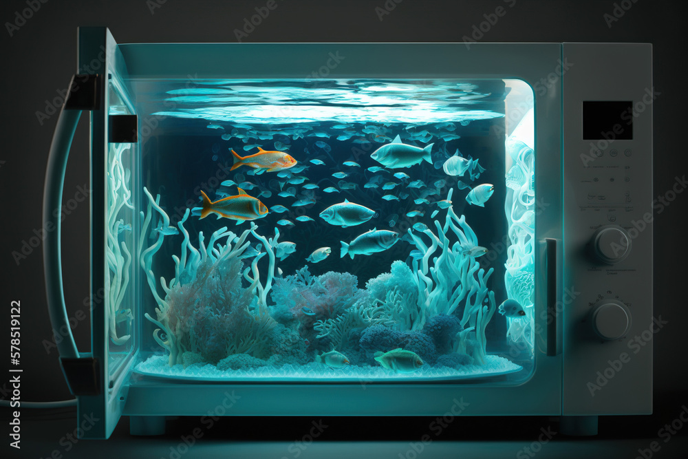 Aquarium with fish inside the microwave, concept of Optical Illusion ...