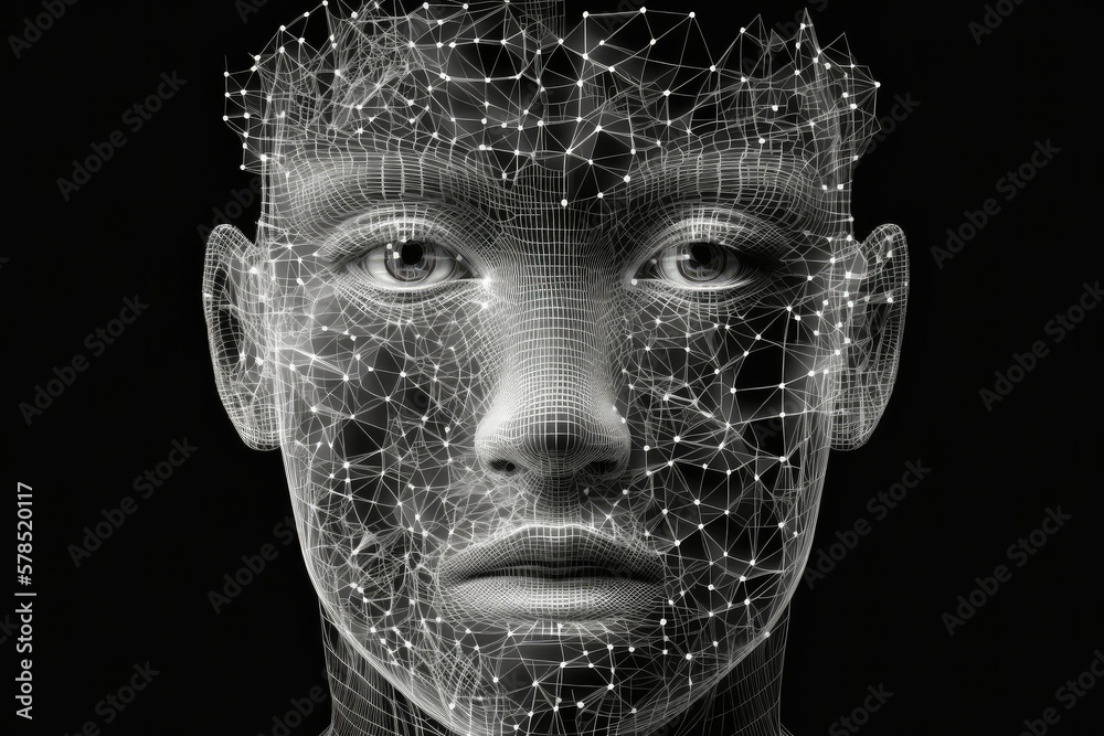 3D render of wireframe human face front view isolated on black ...
