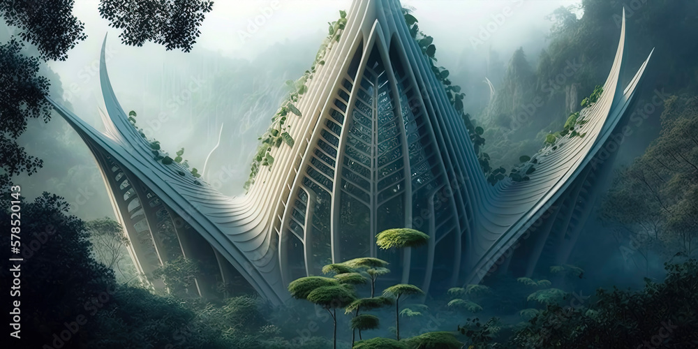 magical futuristic dinosaur temple, biophilic biomimetic organic fractal architecture, misty ...