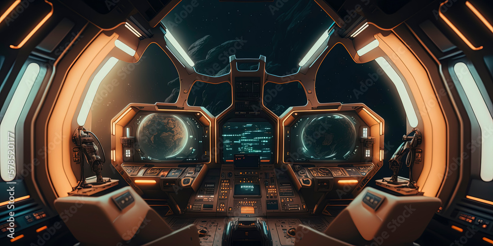 Futuristic spaceship cockpit interior. Future spacecraft control panels technology. AI-Generated ...