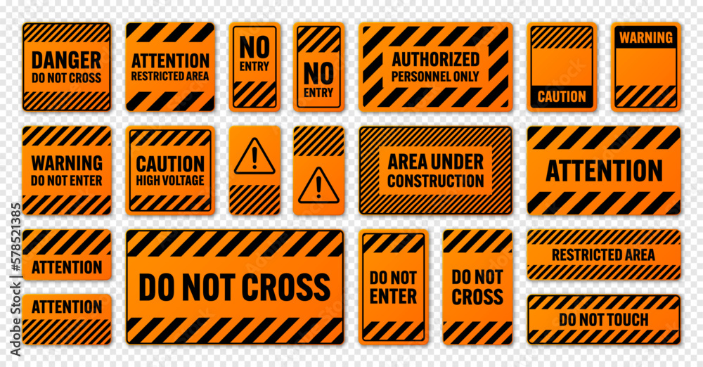 Various black and orange warning signs with diagonal lines. Attention ...