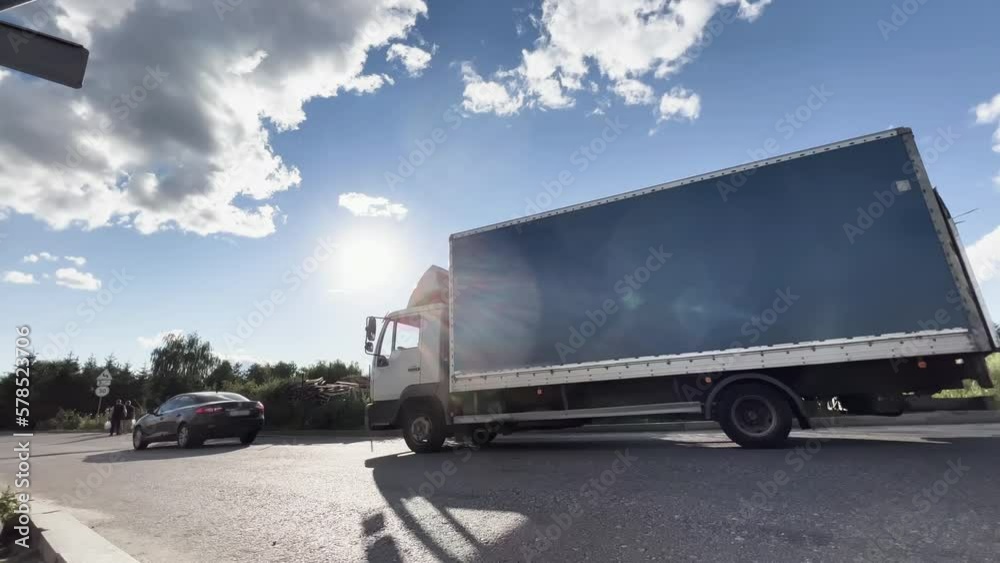 Semi-trailer truck is driving to the logistics park territory with ...