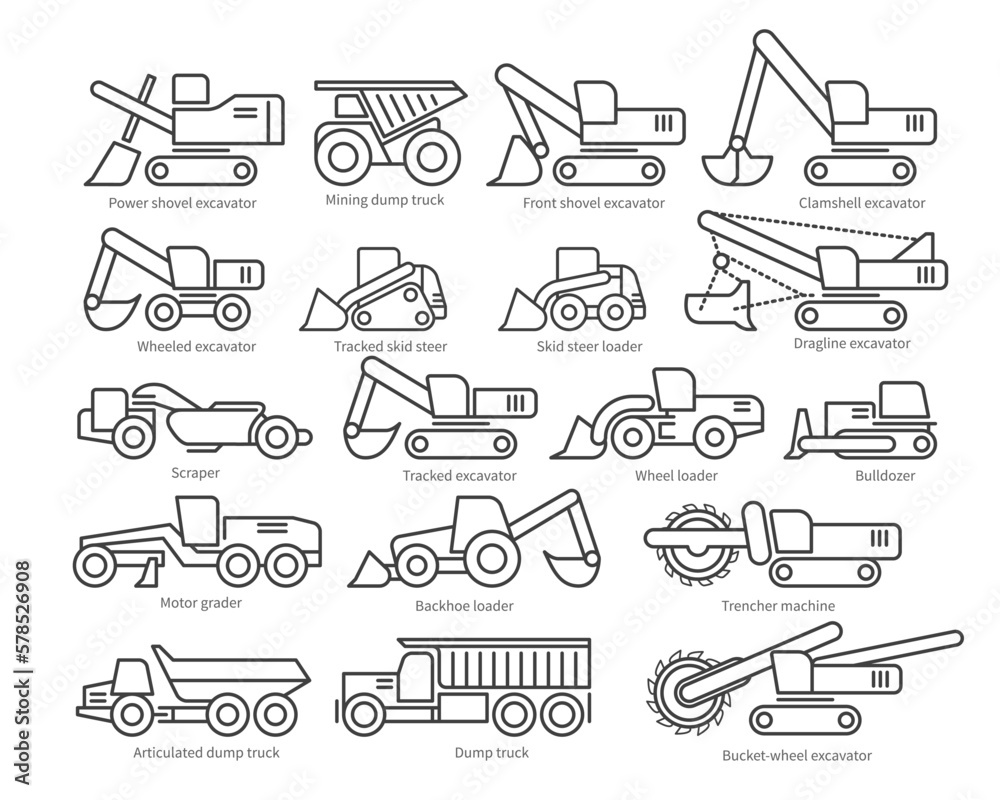 Construction machinery set of icons. Each icon with text label ...