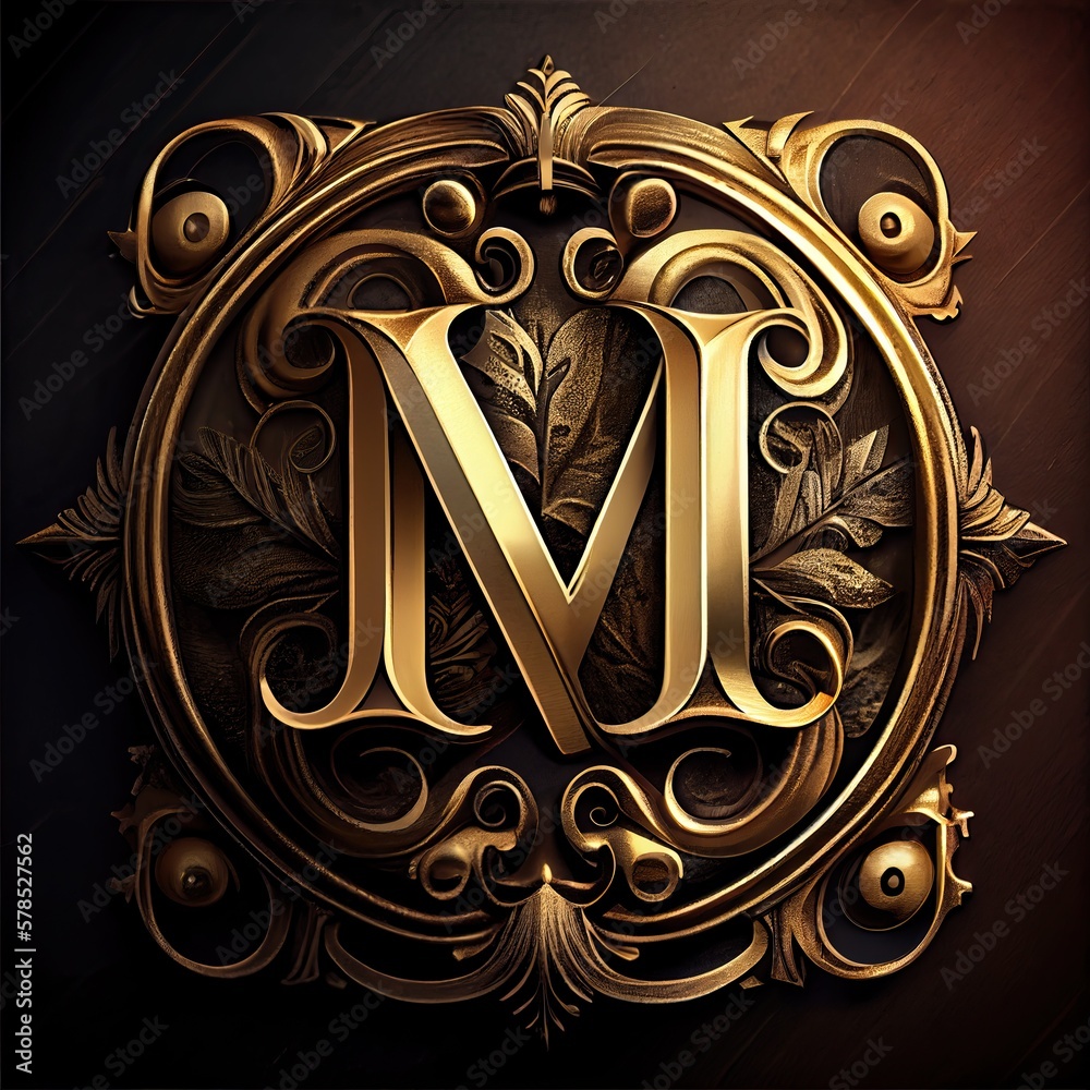 m letter in a golden monogram relief, generative AI Stock Illustration ...