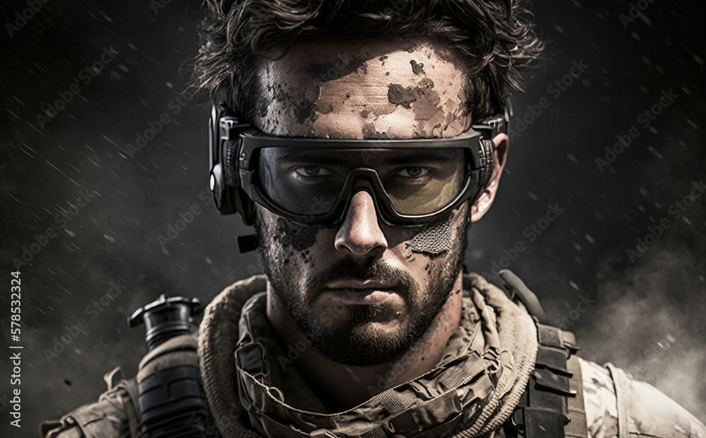 a adult man, soldier in uniform with hard hat and goggles and beard ...