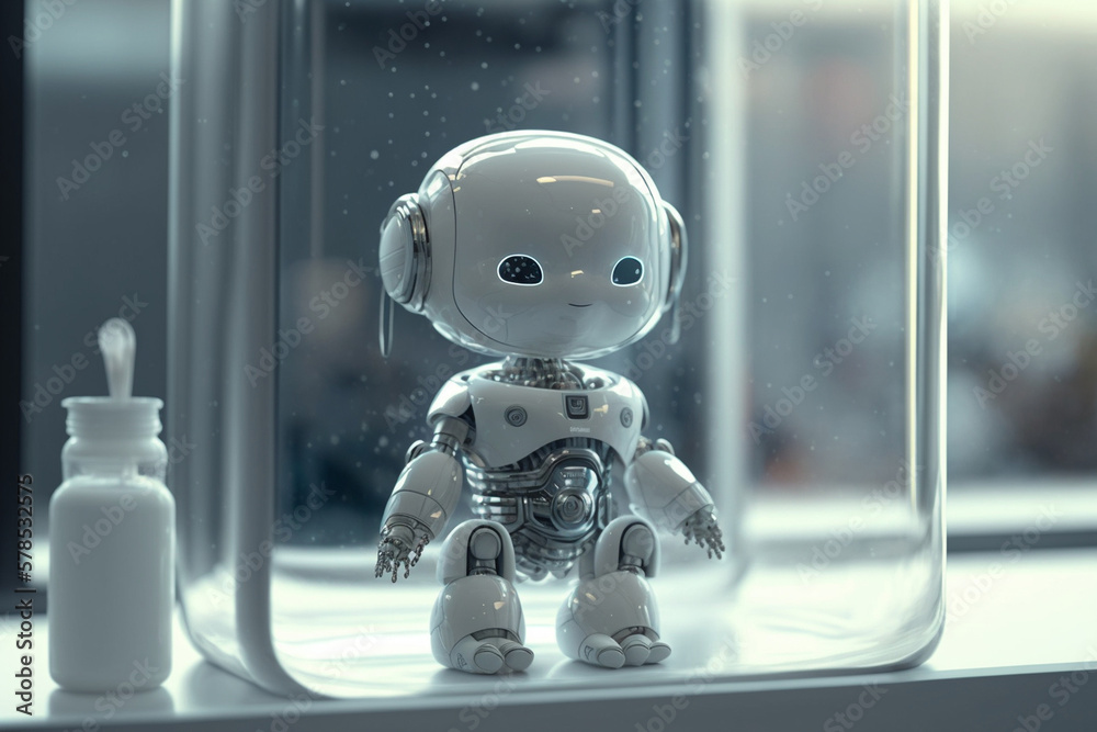 a small robot humanoid android with artificial intelligence in a glass ...
