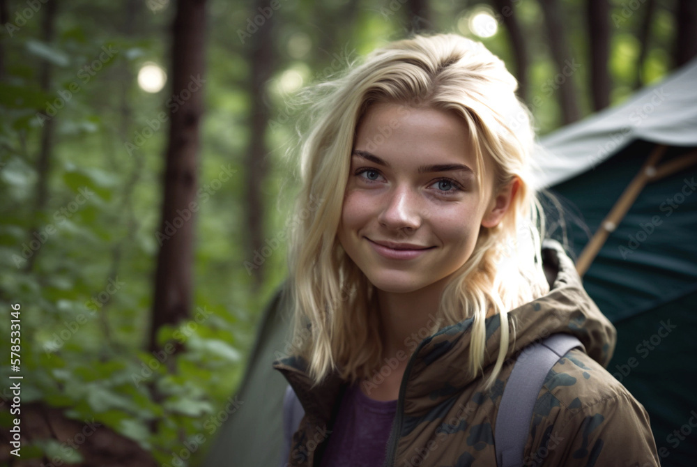 young teenage girl is outdoors in nature in the forest with a camping ...
